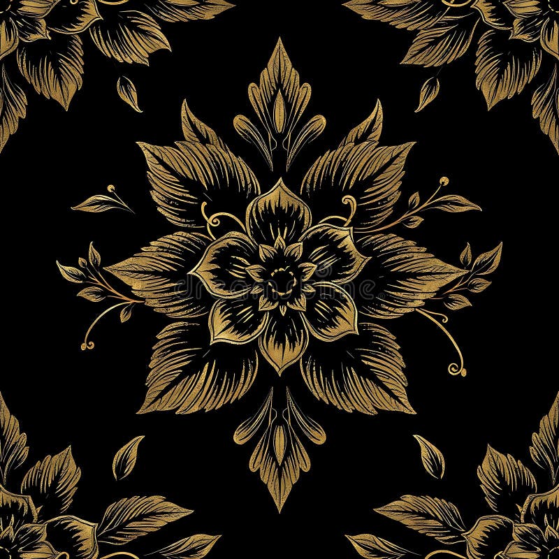 A Dramatic Floral Pattern with Metallic Outlines on a Black Background ...
