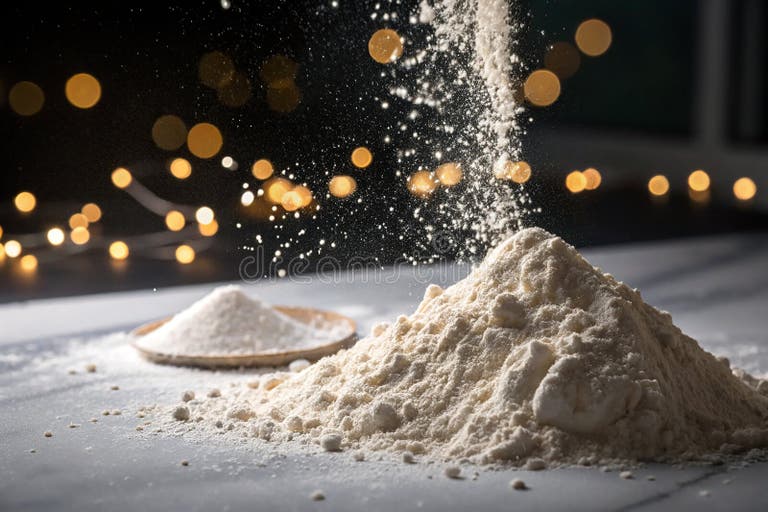 Dramatic Flour Splatter Falling on White Surface with Cinematic Light ...