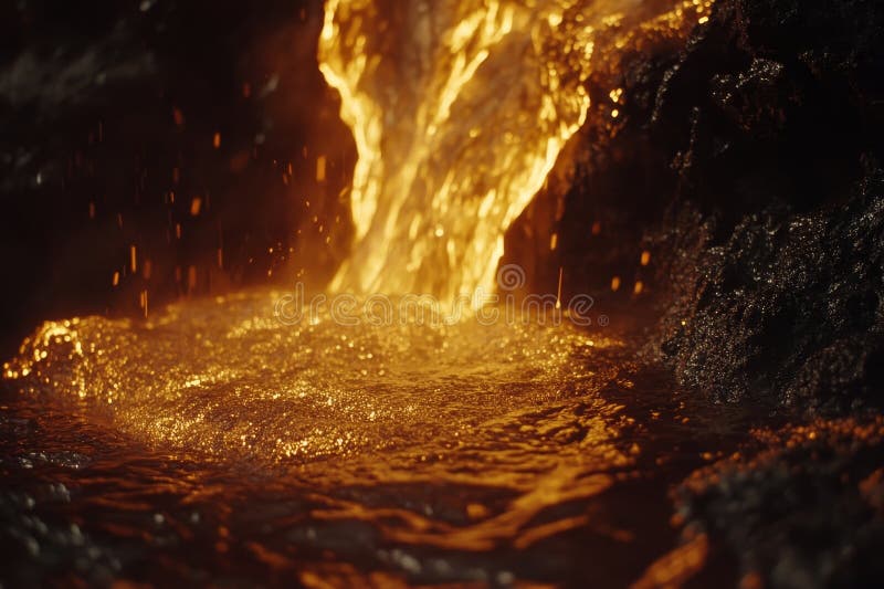 Dramatic Flow of Glowing Molten Metal Cascading Down, Creating a ...