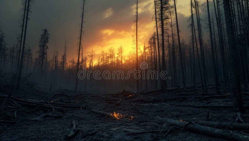 Dramatic Forest Fire Aftermath at Dusk with Charred Trees and Glowing ...