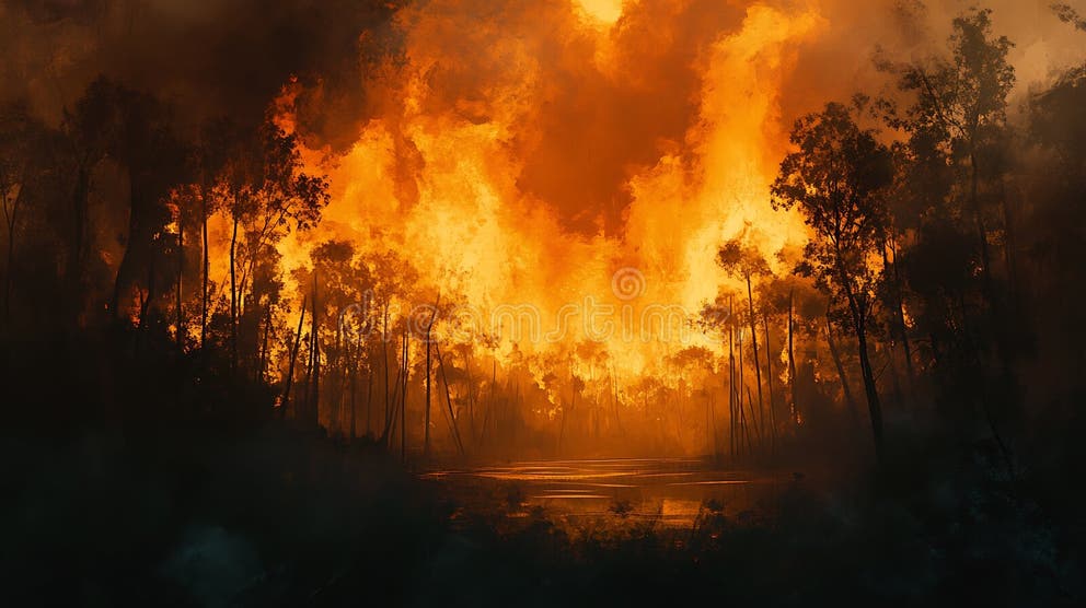Dramatic Forest Fire Engulfing Trees with Intense Flames and Smoke ...