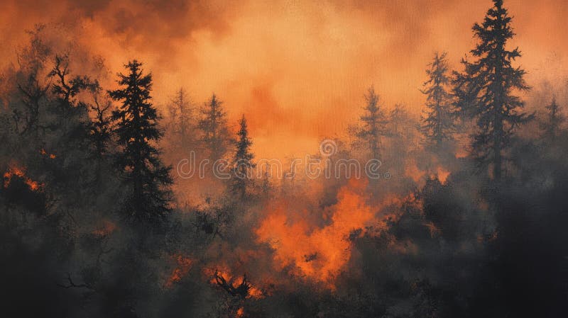Dramatic Forest Fire with Intense Flames and Smoke among Tall Pine ...