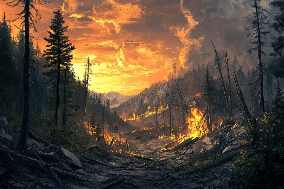Dramatic Forest Fire Landscape at Sunset with Smoky Sky and Flames ...