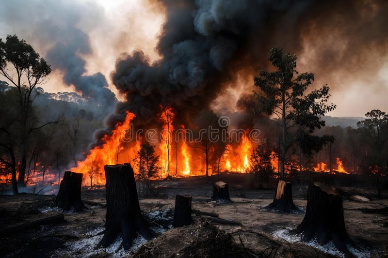 Dramatic Forest Fire Scene stock illustration. Illustration of flames ...