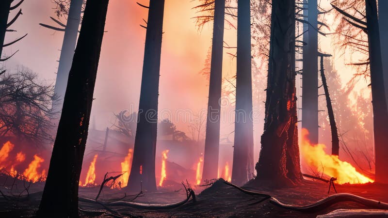 Dramatic Forest Fire Scene with Towering Trees and Intense Flames ...