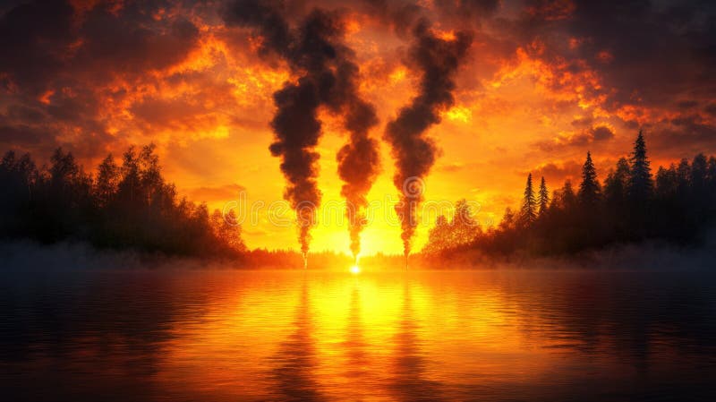 Dramatic Forest Fire Smoke during Vibrant Sunset Over Serene Lake Stock ...