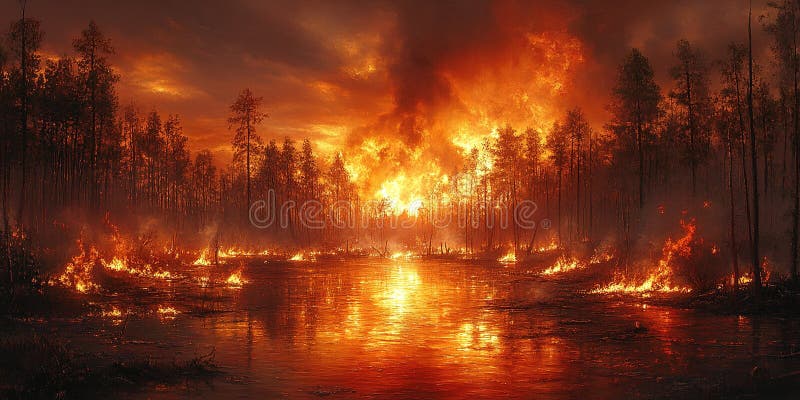 Dramatic Forest Fire at Sunset Ignites Flames Across Trees and Reflects ...