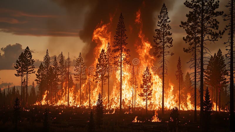 Dramatic Forest Fire at Sunset with Towering Trees Engulfed in Flames ...