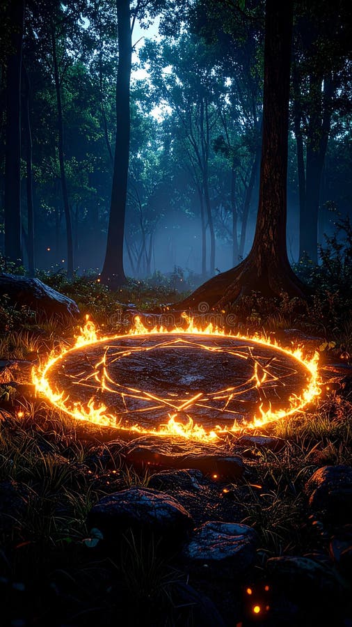 Dramatic Forest Scene with a Glowing Magical Circle Engulfed in Flames at Night Stock ...