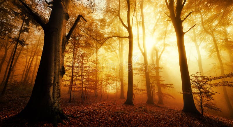 Dramatic Forest Scenery in Gold Light Stock Photo - Image of nature ...