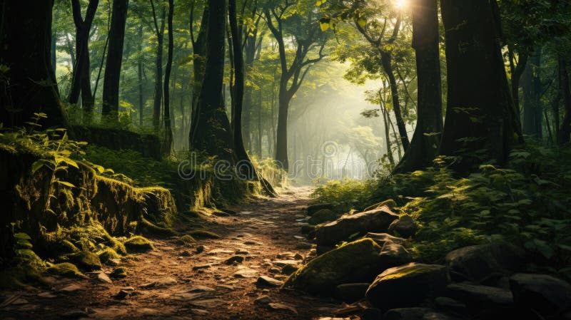 A Dramatic Forest Trail, with Trees Forming a Canopy and Sunlight ...