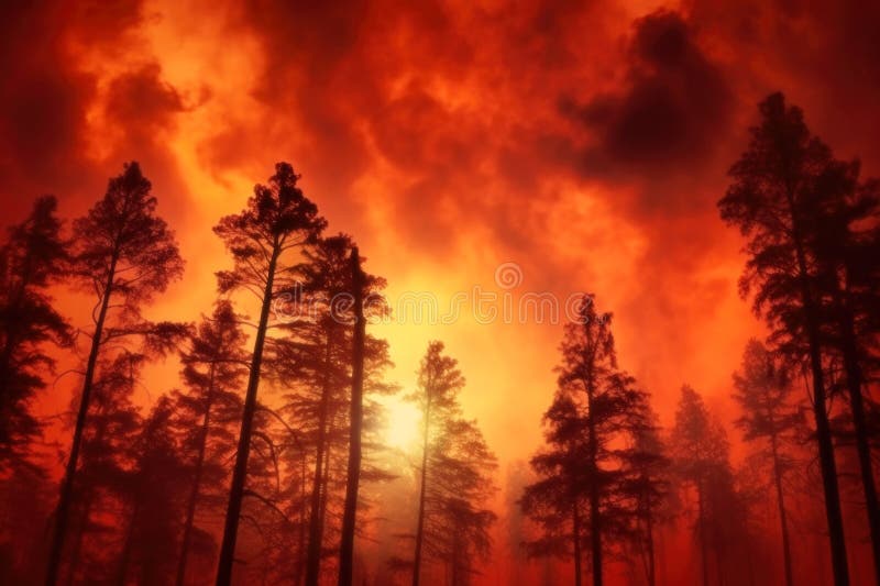Dramatic Forest Wildfire at Sunset, with Silhouetted Trees and Trees ...