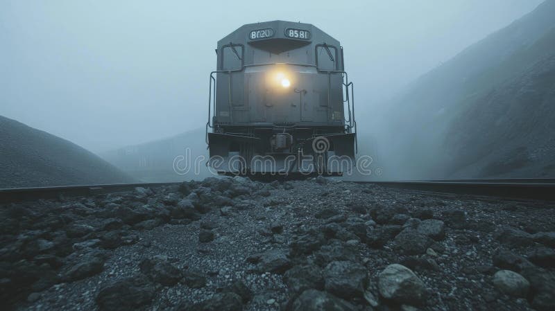 Dramatic Freight Train Emerging from Thick Fog at Dawn, Showcasing ...