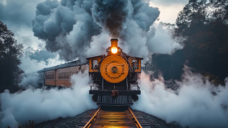 Dramatic Front View of Vintage Steam Train Journey through Misty ...