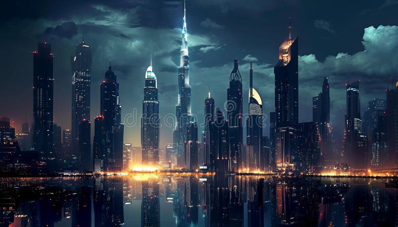 A Dramatic Futuristic City Skyline with Illuminated Skyscrapers in a ...