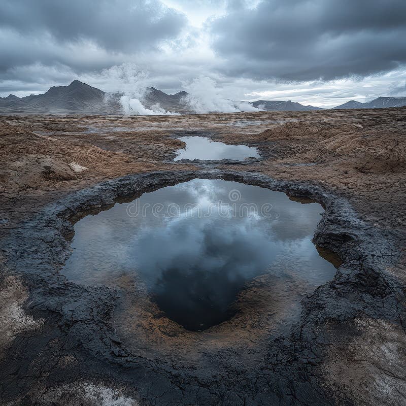Dramatic Geothermal Landscape with Steam and Reflection in Water Stock ...
