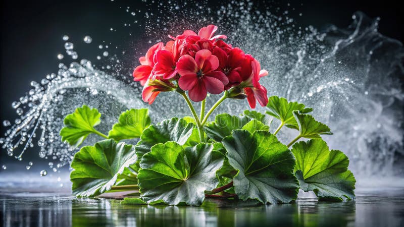 Dramatic Geranium Still Life Industrial Gray Tones with a Water Splash ...