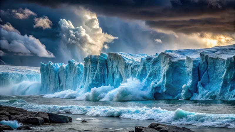 Dramatic Glacial Ice Cliff Faces Powerful Ocean Waves Under a Stormy ...
