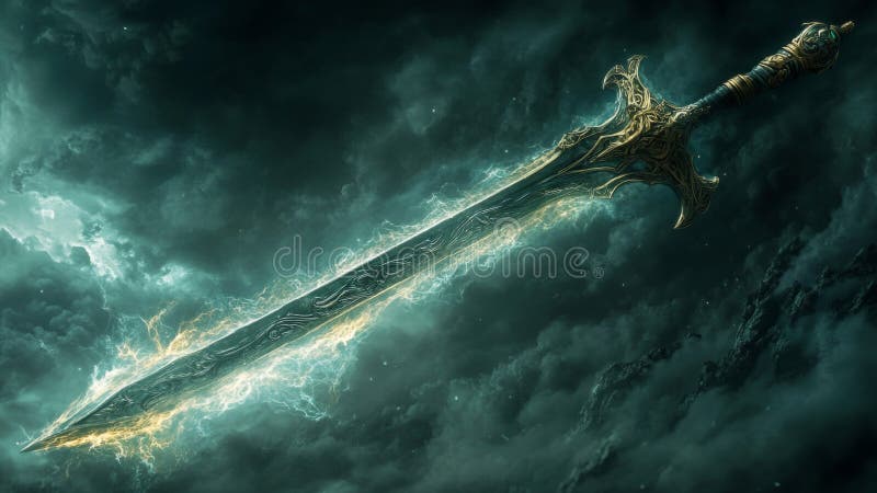 Dramatic Gold Sword Floating in a Dark Stormy Sky with Digital Glow ...