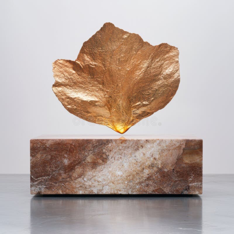 Dramatic Golden Leaf Sculpture on Marble Base Stock Illustration ...