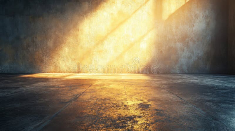 Dramatic Golden Light on Dark Grunge Concrete Room Stock Illustration ...