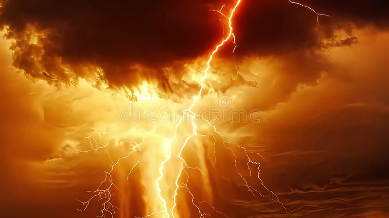 Dramatic Golden Sky with Lightning Strike Illuminates Heavy Dark Clouds ...