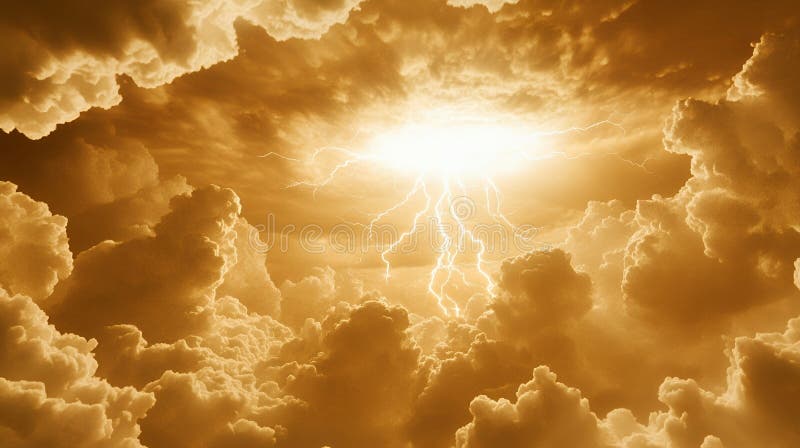 Dramatic Golden Sky with Lightning Strikes through Cloudscape Intense ...