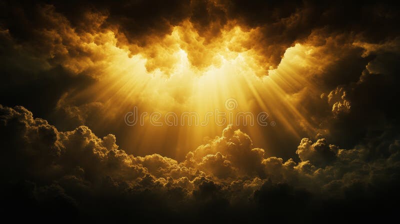 Dramatic Golden Sunlight Breaking through Dark Clouds in the Sky Stock ...
