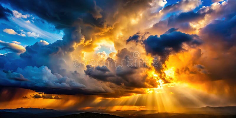 Dramatic Golden Sunset Rays Breaking through Dark Clouds Over a Distant ...
