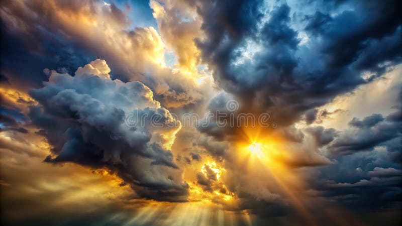 Dramatic Golden Sunset Rays Breaking through Dark Storm Clouds ...
