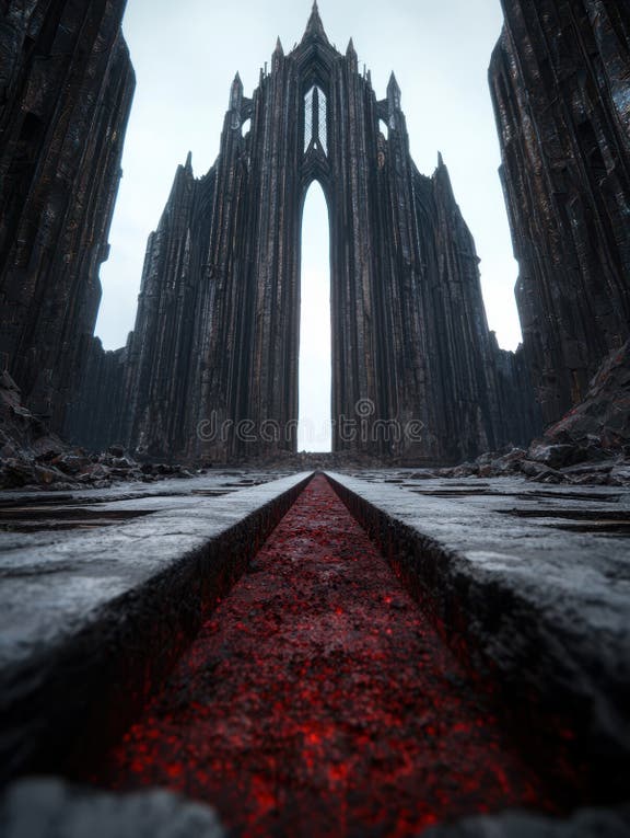 Dramatic Gothic Cathedral with a Red Carpet Path Stock Illustration ...