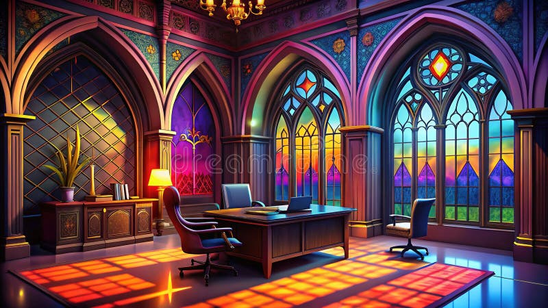 A Dramatic Gothic Office Interior Intricate Architectural Drawings Dark ...