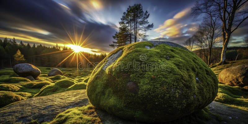 Dramatic Granite Boulder Silhouette a MossCovered Rock Formation in ...