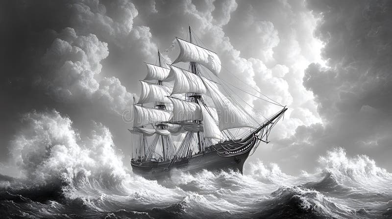 Dramatic Grayscale Ship Sailing Stormy Ocean, Cloudscape Background ...