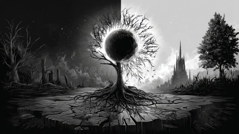 Dramatic Half-Dark Half-Light Landscape with Central Tree and Sphere ...