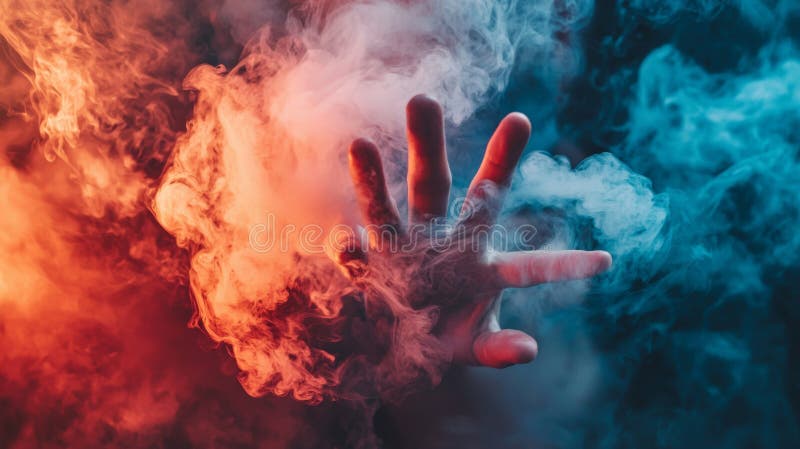 Dramatic Hand Reaching through Red and Blue Smoke Stock Photo - Image ...