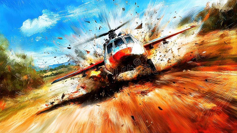Dramatic Helicopter Crash Landing Exploding Action Artwork Red and ...