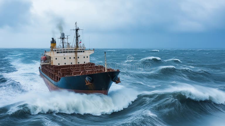 Dramatic High Angle Shot of a Freight Vessel Navigating through Rough ...