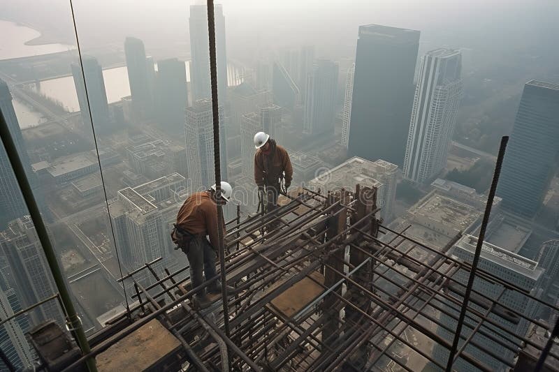 A Dramatic, High-angle Shot of Skyscraper Builders Working at Dizzying ...