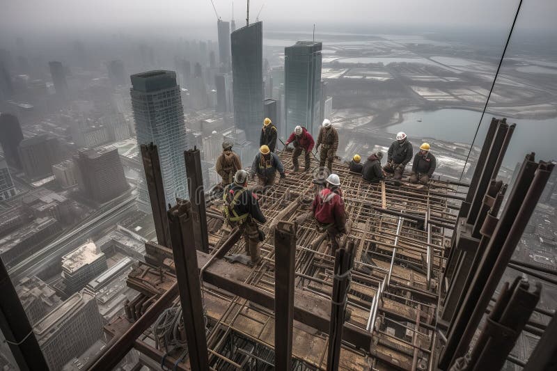 A Dramatic, High-angle Shot of Skyscraper Builders Working at Dizzying ...