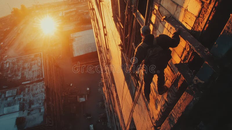 Dramatic High Angle Shot of Worker on Building at Sunset Stock ...