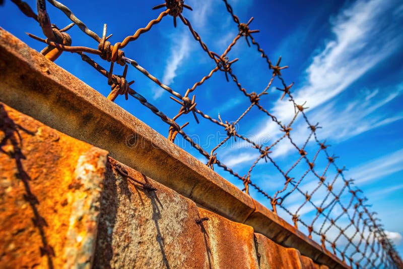 Dramatic HighAngle View of a Rusty Iron Security Fence with Barbed Wire ...
