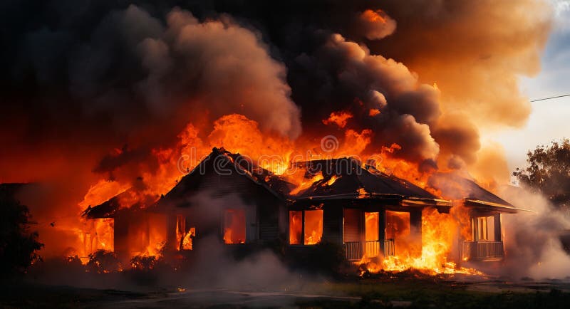 Dramatic House on Fire with Intense Flames and Smoke Stock Illustration ...