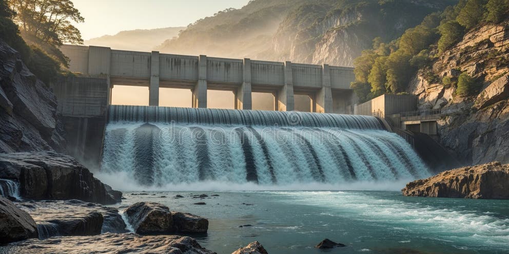 Dramatic Hydro Dam Scenery with Cascading Water Surrounded by Rugged ...