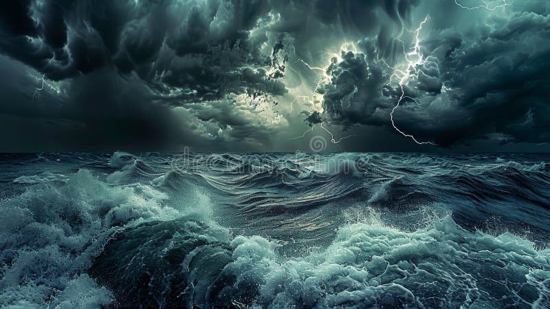 Dramatic Hyper Realistic Photo Thunderstorm at Sea with Turbulent Waves ...