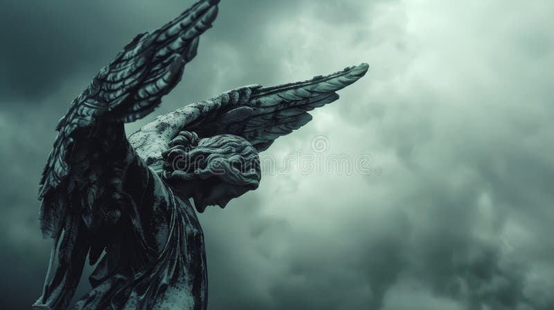 Dramatic Icarus Statue in Mid Fall, Losing Feathers Against a Stormy ...