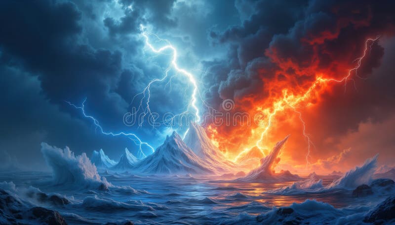 Dramatic Icy, Fiery Mountains Clash in Tempestuous Storm. Lightning ...