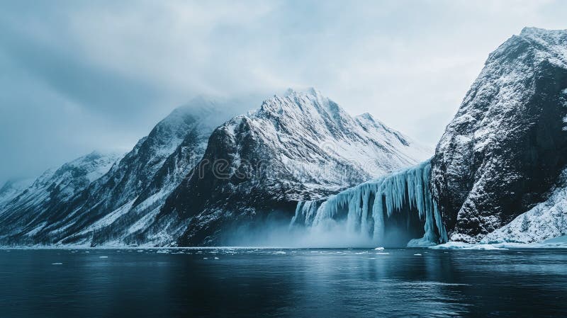 A Dramatic Icy Mountain Range with a Frozen Waterfall Stock ...