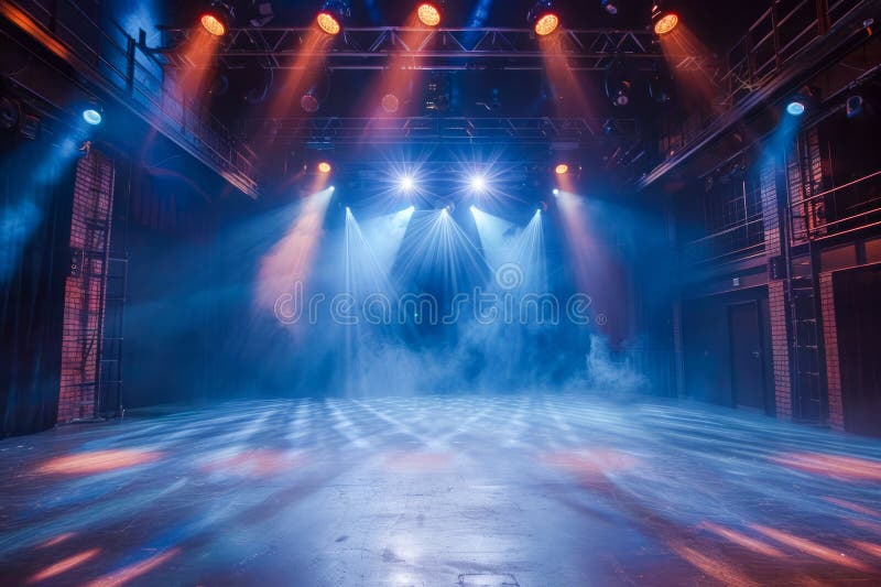 Dramatic Illuminated Empty Stage with Blue and Orange Lights, Smoke ...