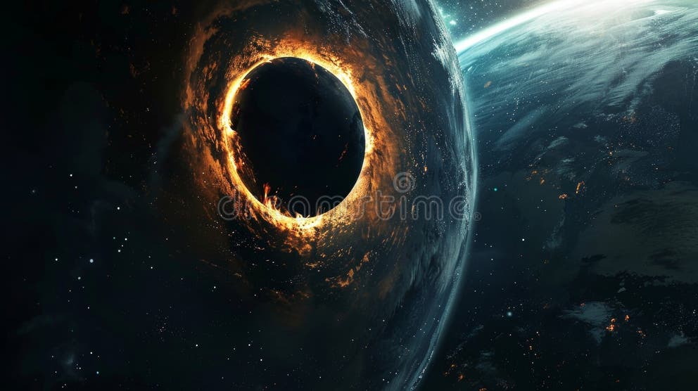 Dramatic Illustration of a Black Hole Consuming Earth with Glowing ...